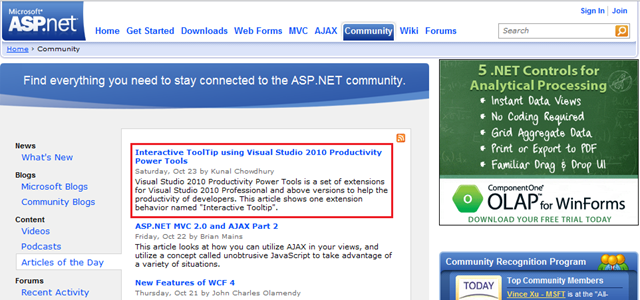 "Articles of the day" @ ASP.Net on Interactive ToolTip using Visual Studio 2010 Productivity ...